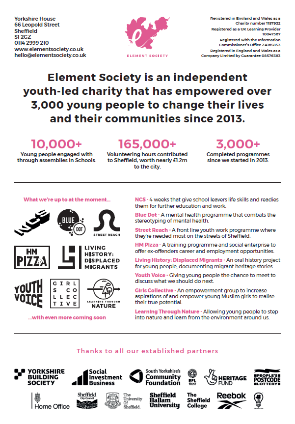 Element Society fact sheet, room bookings and clothes donations