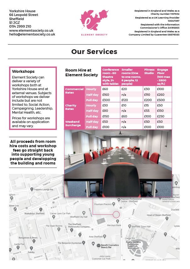 Element Society fact sheet, room bookings and clothes donations