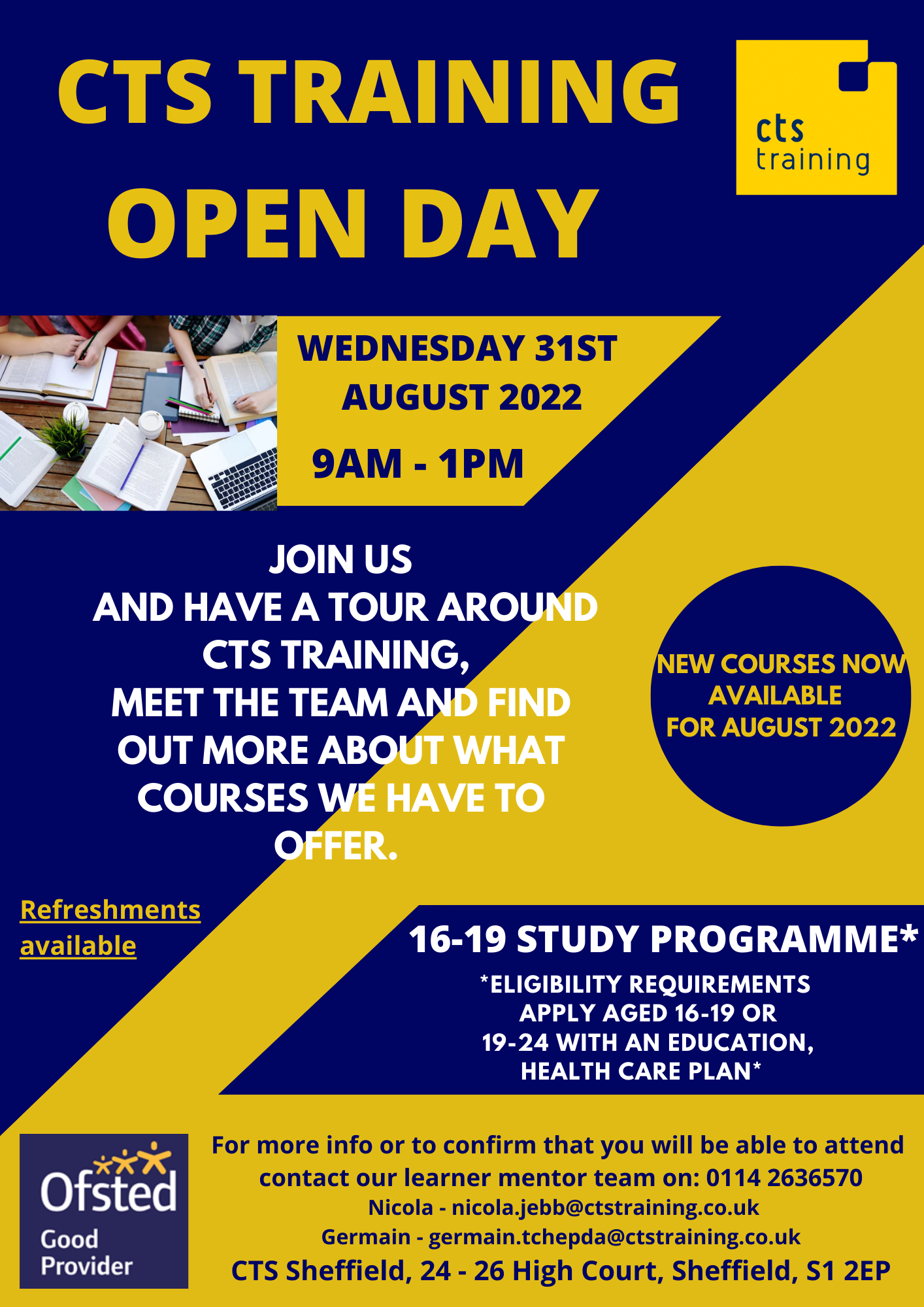 Discover CTS Training courses, including Study Programme, at Open Day on Weds 31 Aug