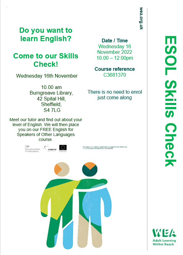 ESOL Skills Check in Burngreave on Weds 16 Nov with WEA