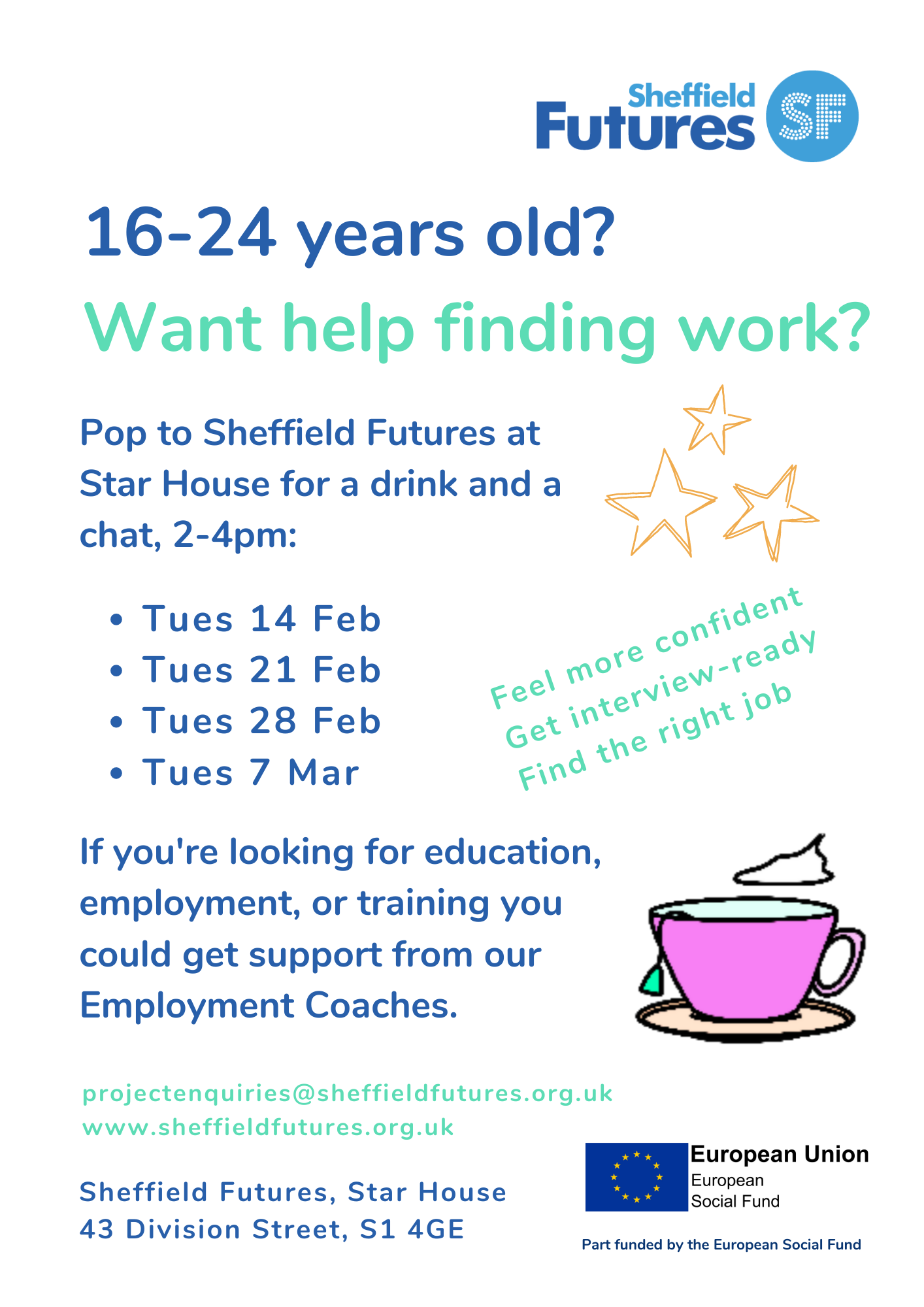 Sheffield Futures’ Employability Support drop in sessions start Tues 14 Feb