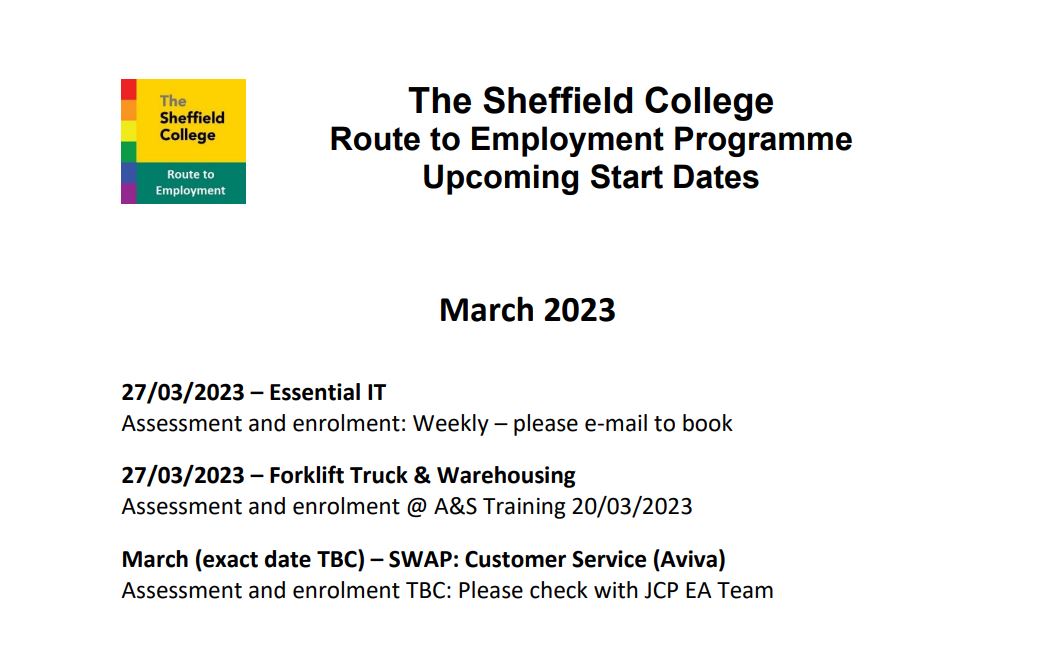 Upcoming start dates for Sheffield College’s Route to Employment programme